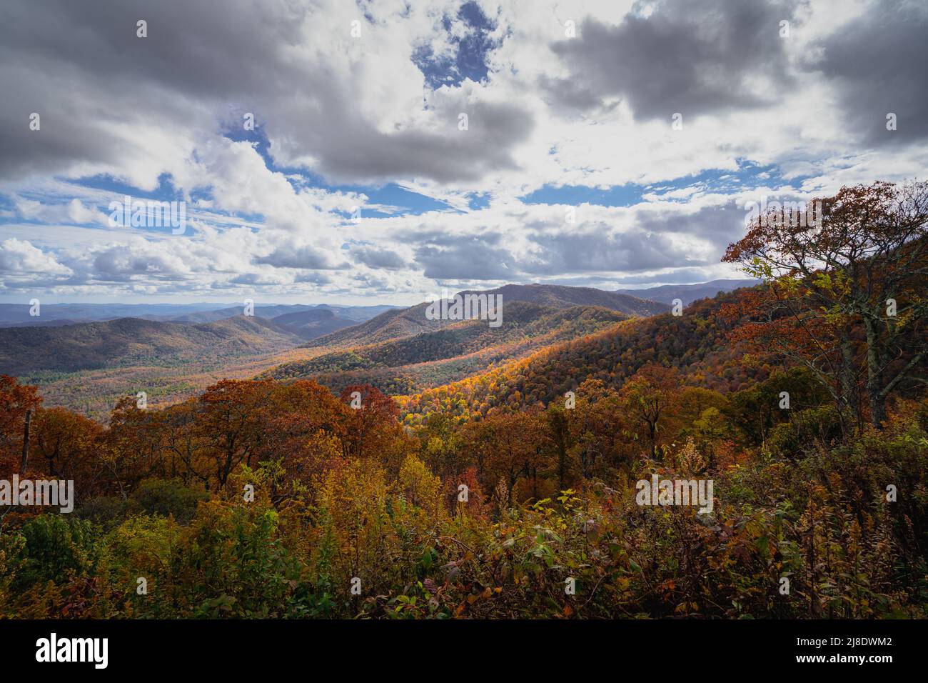 Blue Ridge Mountains in Fall foliage on a cloudy day outside of ...