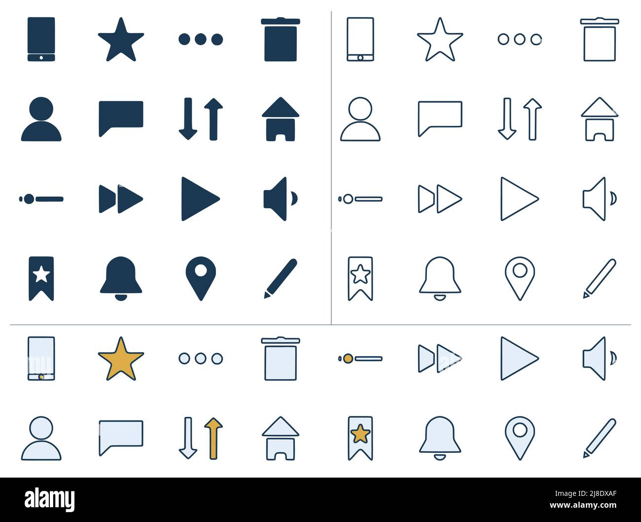 Vector UI icon set in three different styles. User interface symbols in doodle style isolated on ...