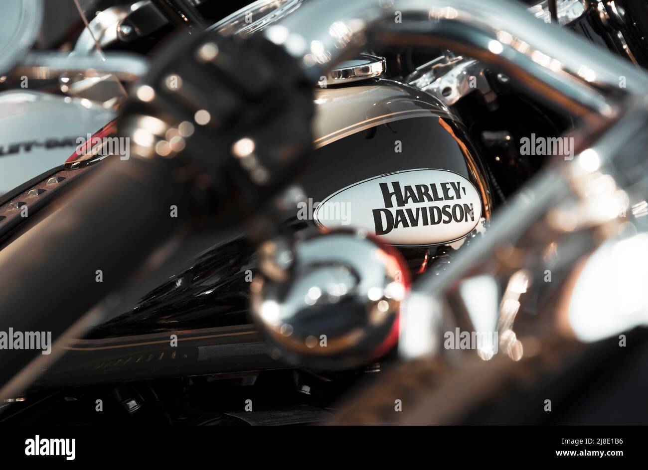 Detail of a Harley-Davidson motorcycle on display in the city of ...