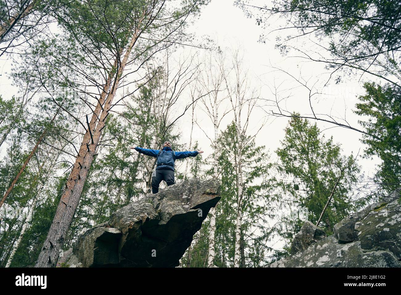 Male enjoying nature on top of cliff in forest area Stock Photo - Alamy
