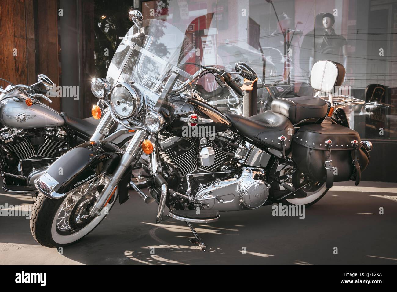 Detail of a Harley-Davidson motorcycle on display in the city of ...
