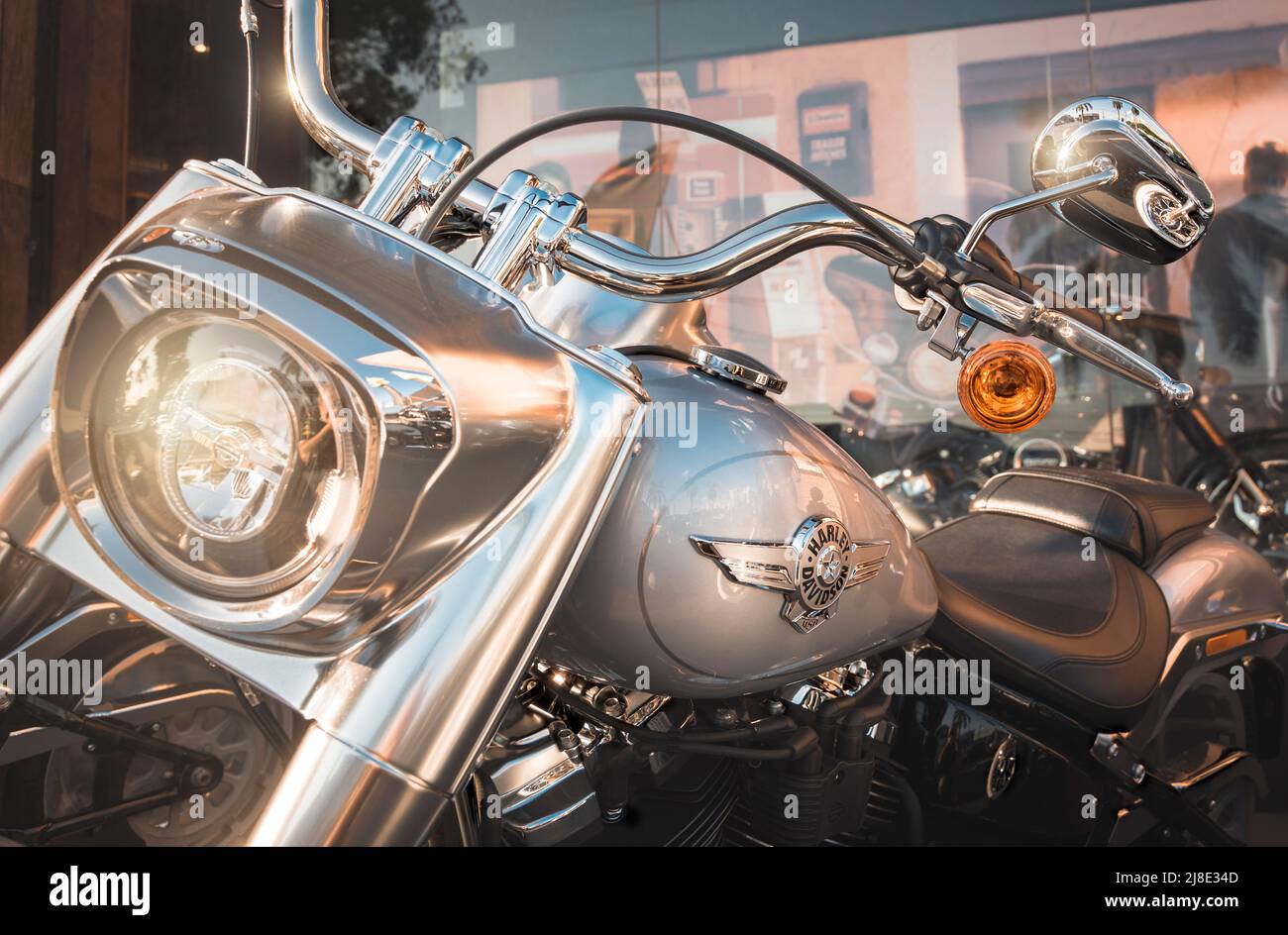 Detail of a Harley-Davidson motorcycle on display in the city of ...