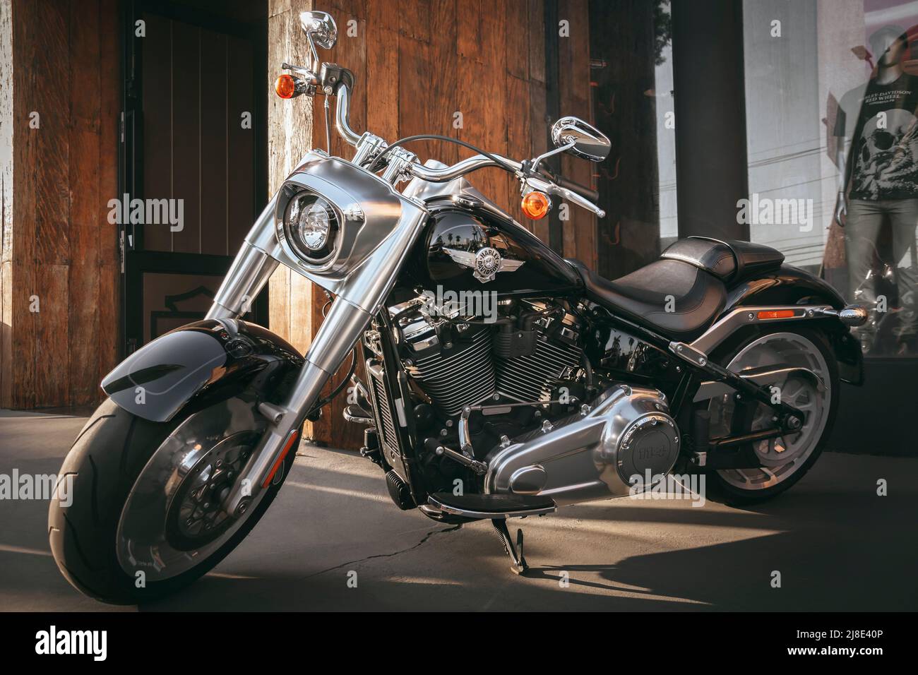 Detail of a Harley-Davidson motorcycle on display in the city of ...