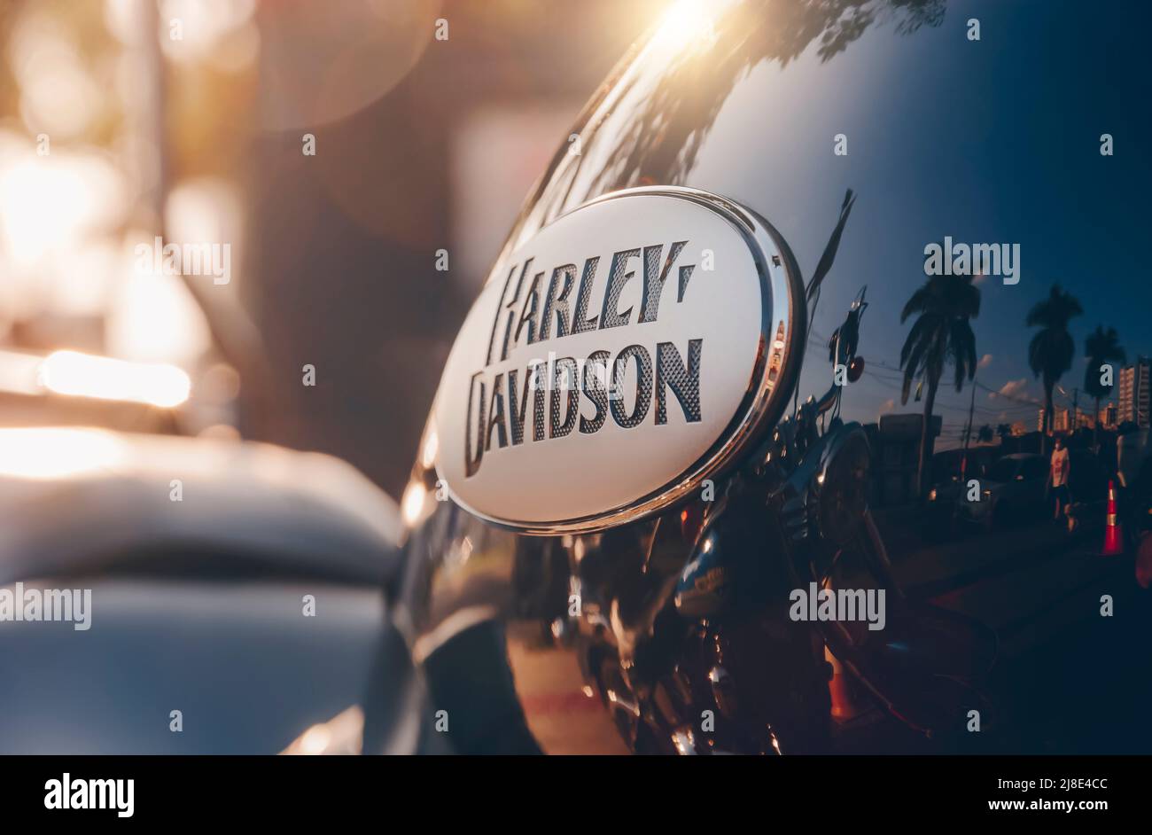 Detail of a Harley-Davidson motorcycle on display in the city of ...