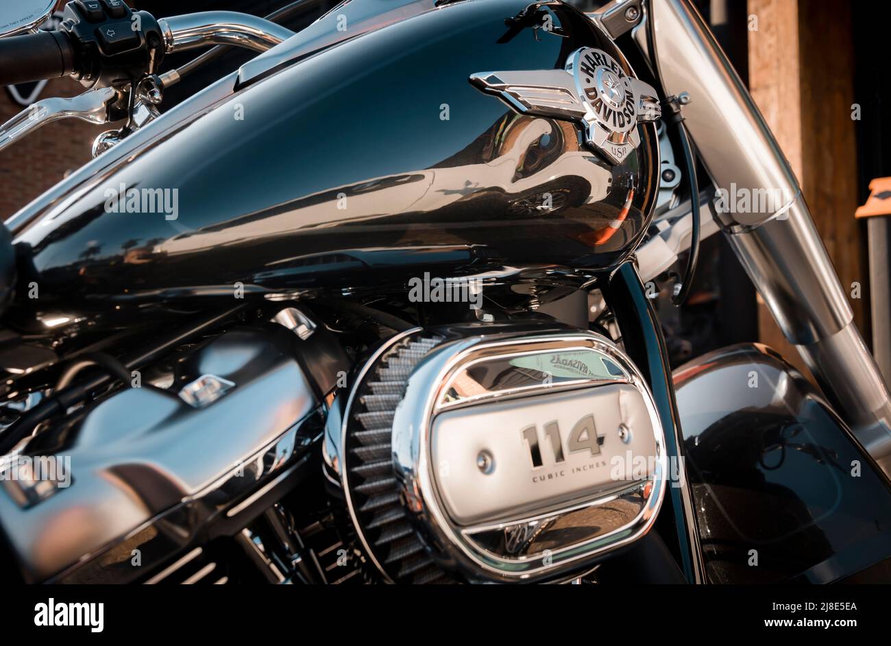 Detail of a Harley-Davidson motorcycle on display in the city of ...