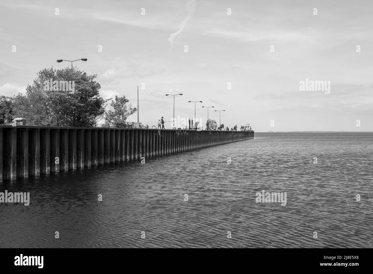 many anglers standing on a pier and fishing, in black and white Stock ...