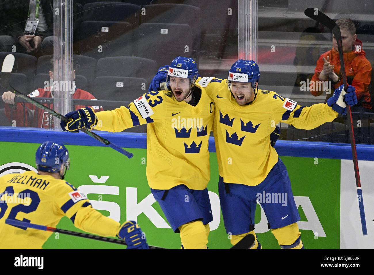 Tampere, Finland. 15th May, 2022. L-R Swedish players Joel Kellman ...