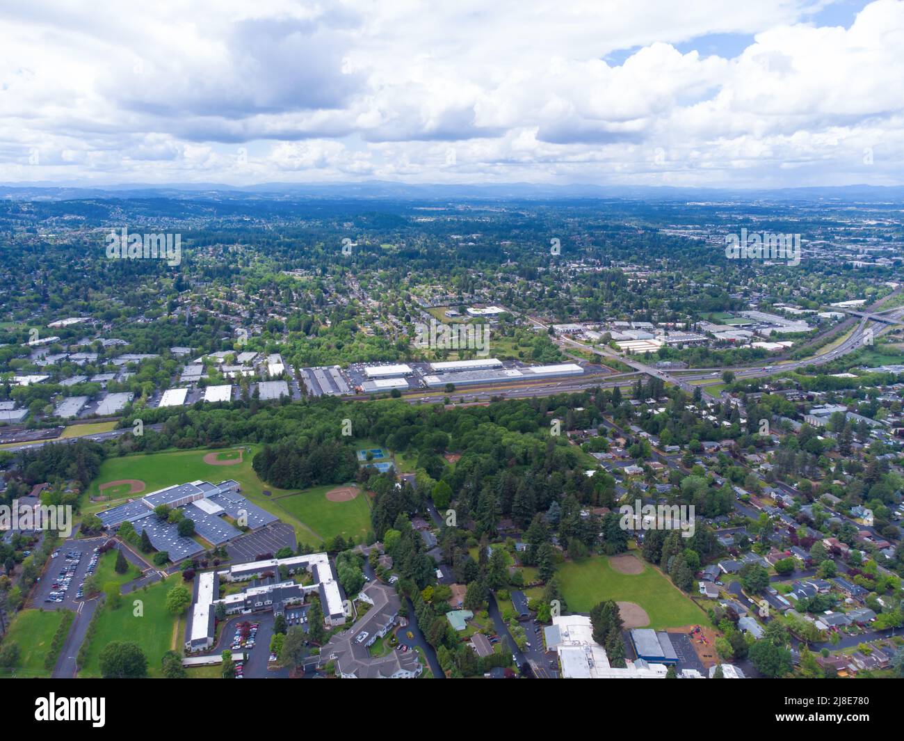Aerial view. Small green city, suburb. Lots of trees, green lawns, sky ...