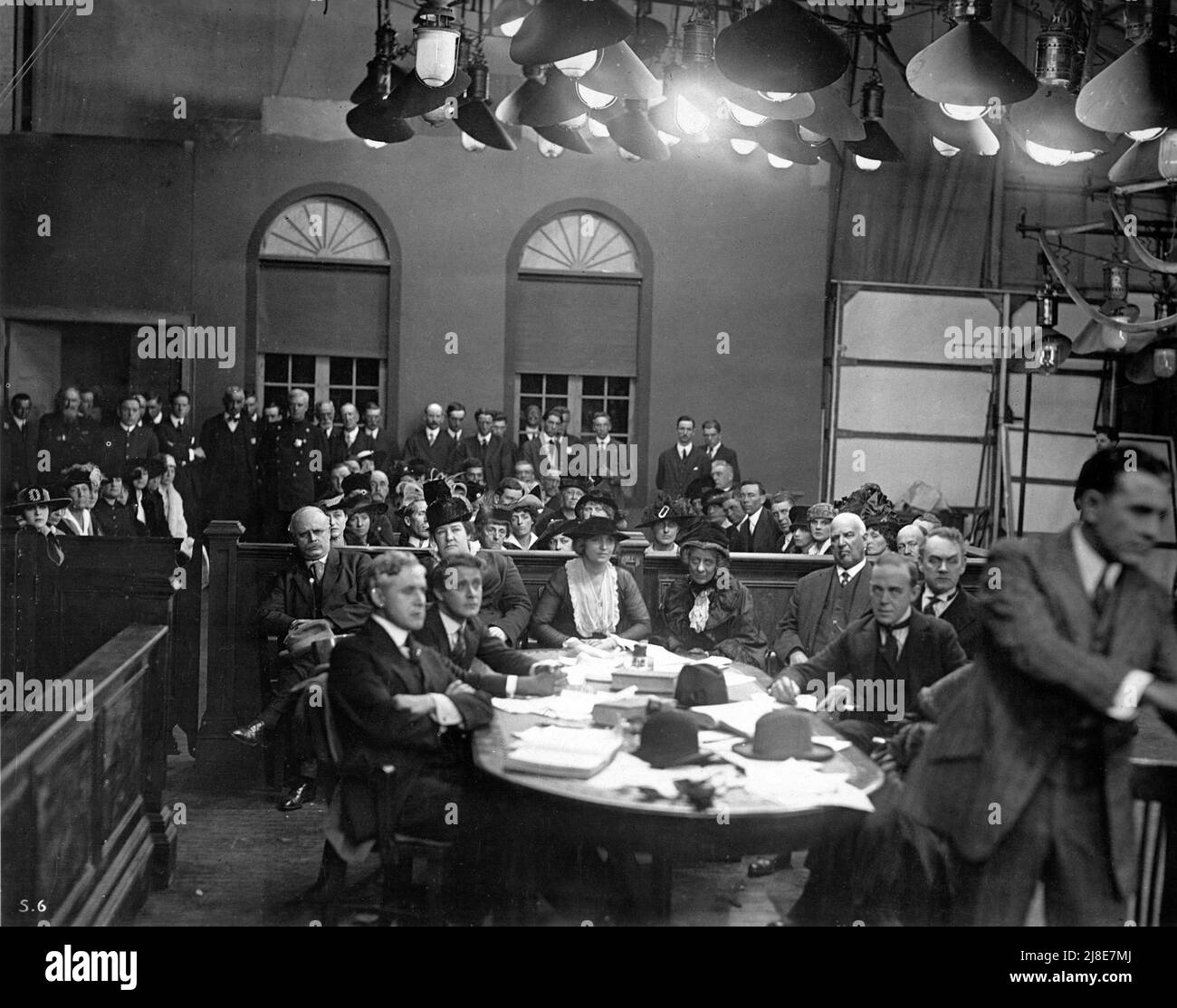 On Set Candid showing overhead lighting during filming of a courtroom ...