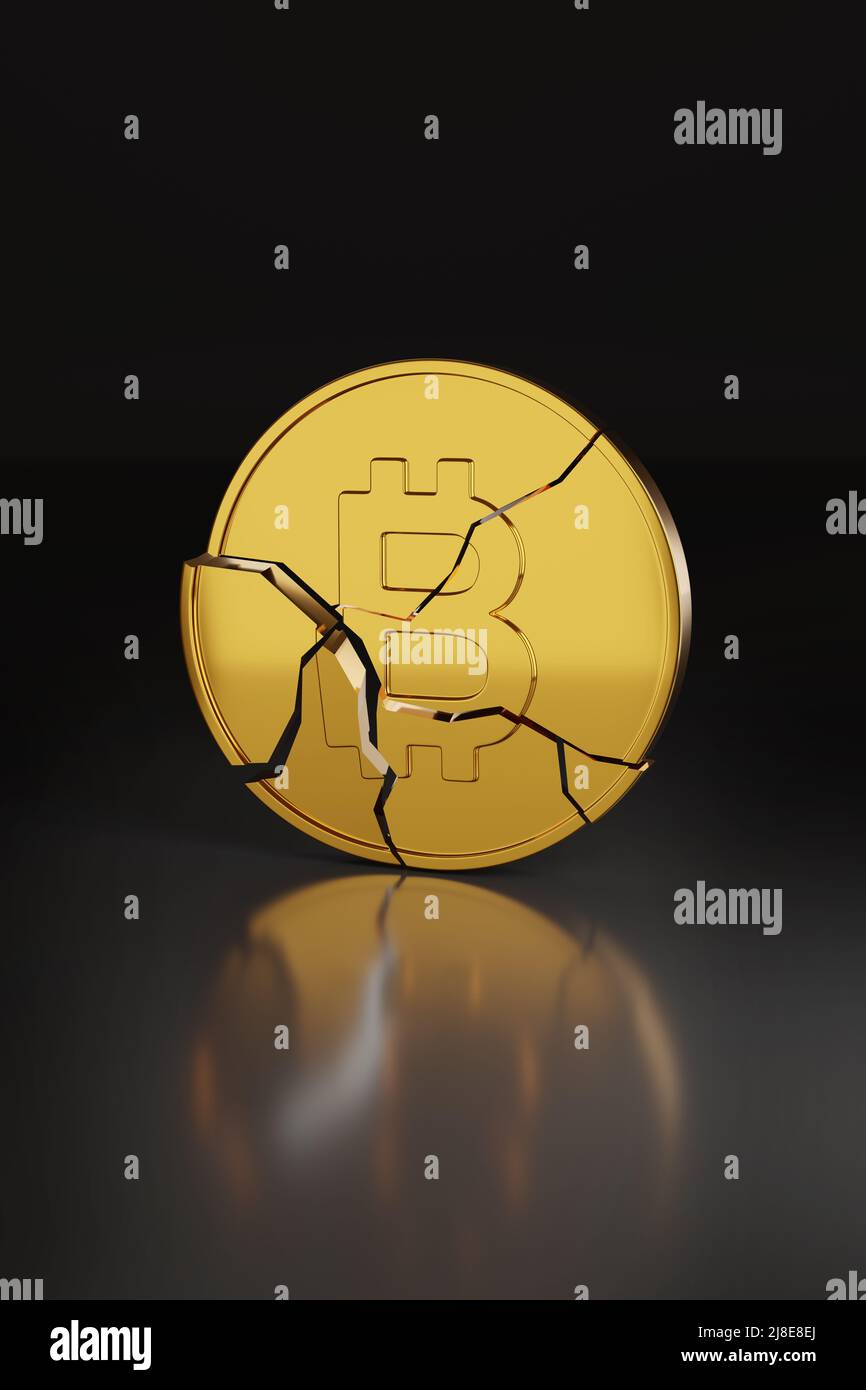 Broken Bitcoin on dark background. Cryptocurrency crash concept. 3d ...