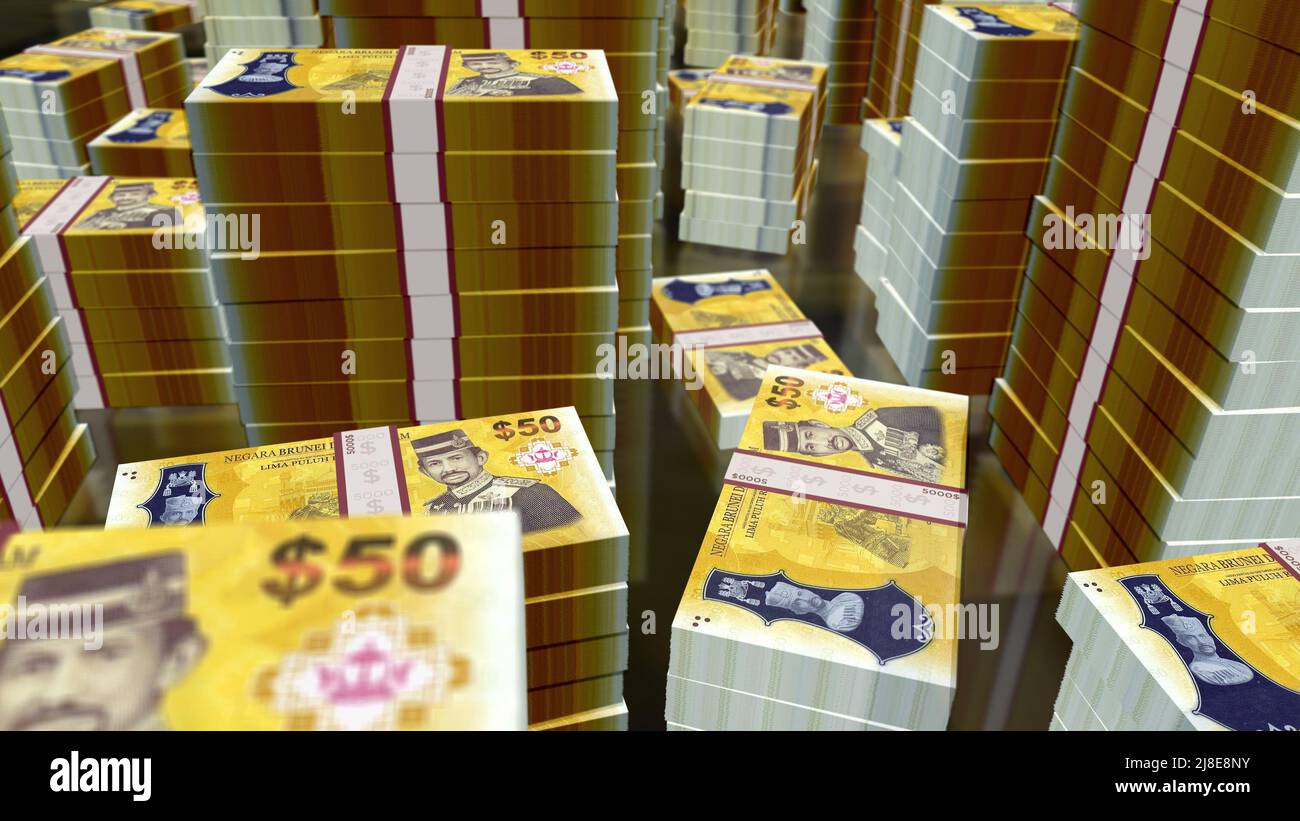 Brunei dollar money pack 3d illustration. BND banknote bundle stacks ...