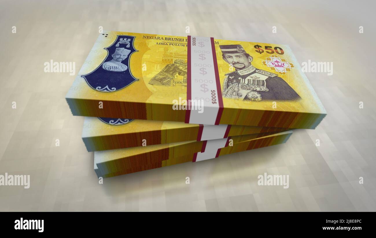 Brunei dollar money pack 3d illustration. BND banknote bundle stacks ...