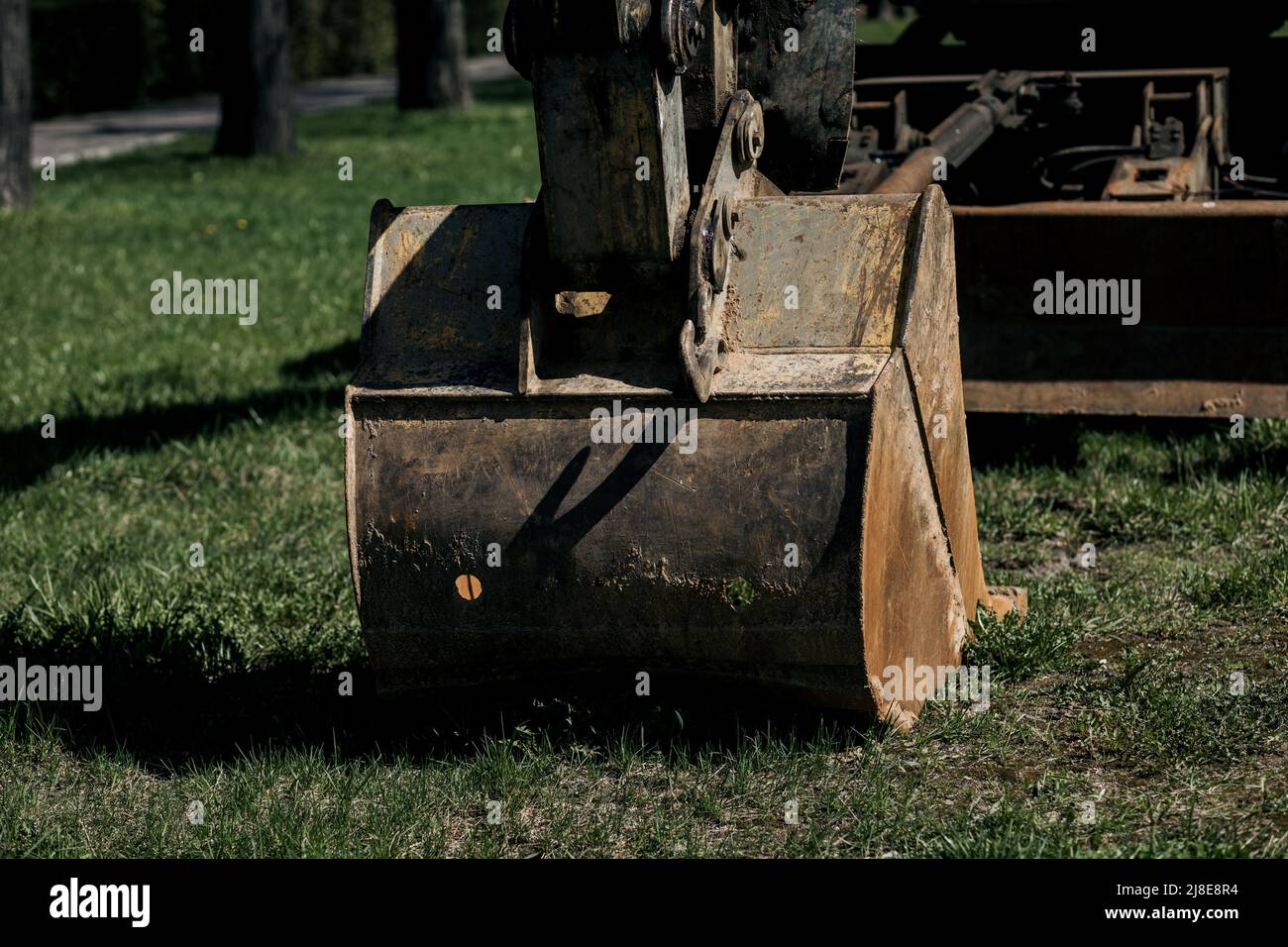 bucket on construction site. Crawler excavator digging on demolition ...