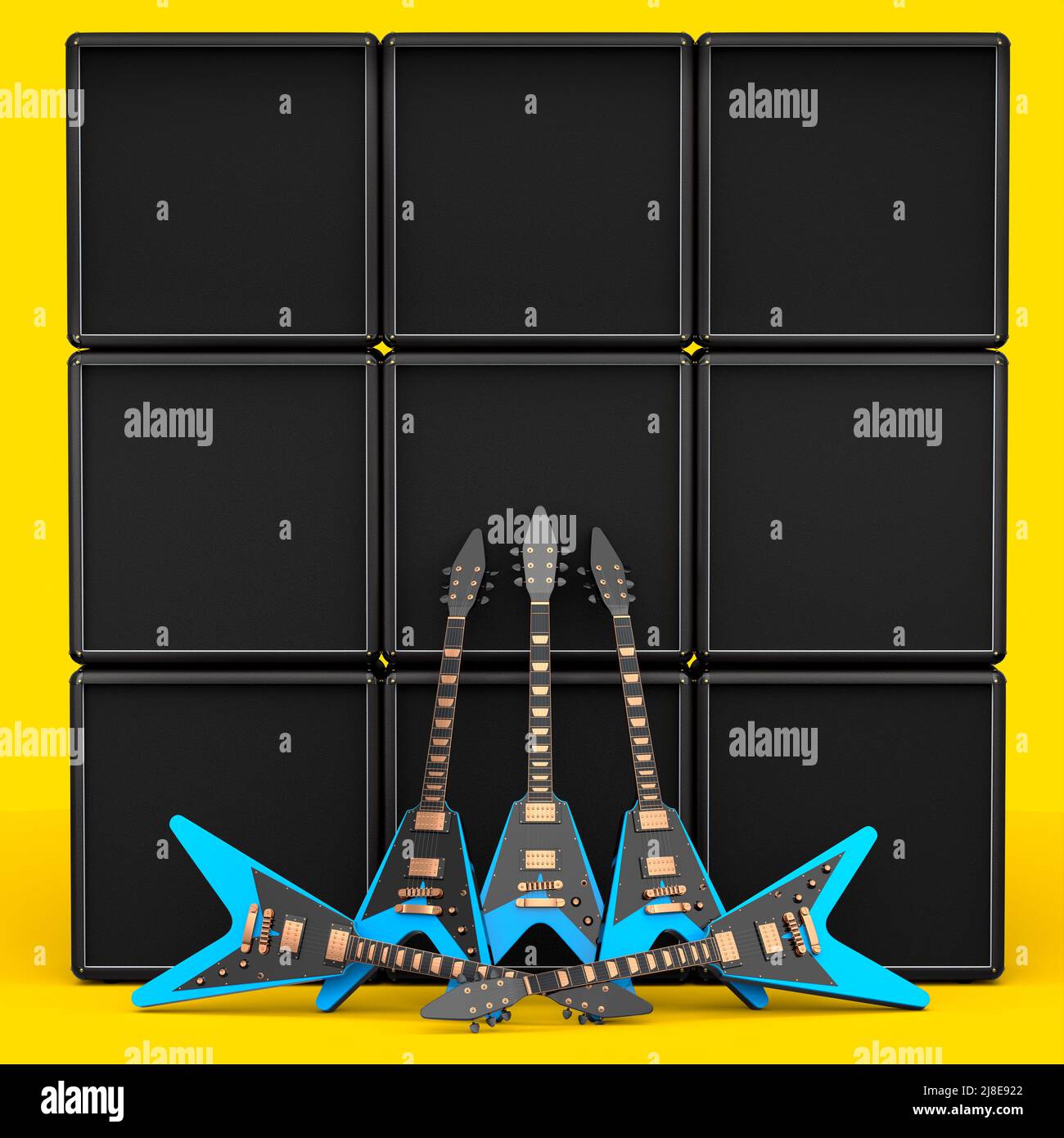 Set of electric acoustic guitar and amplifier on yellow background. 3d ...