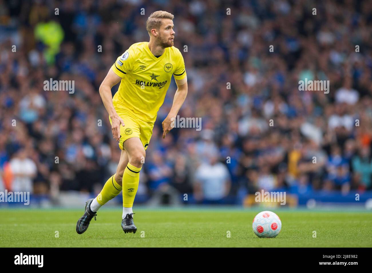Liverpool, UK. 15th May, 2022. Kristoffer Ajer #20 of Brentford runs ...