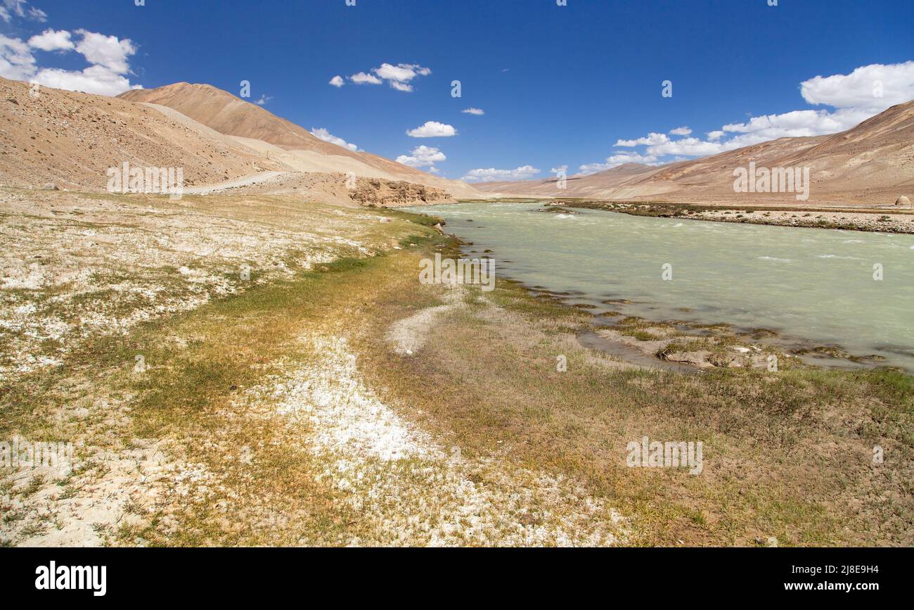 Panj river and Pamir mountains. Panj is upper part of Amu Darya river ...