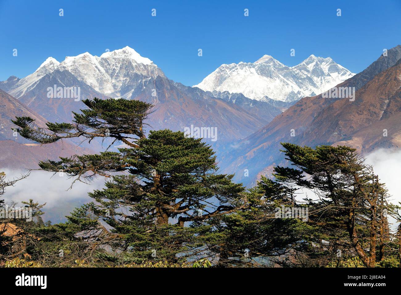 view of Mount Everest, Nuptse rock face, Mount Lhotse and Lhotse Shar ...
