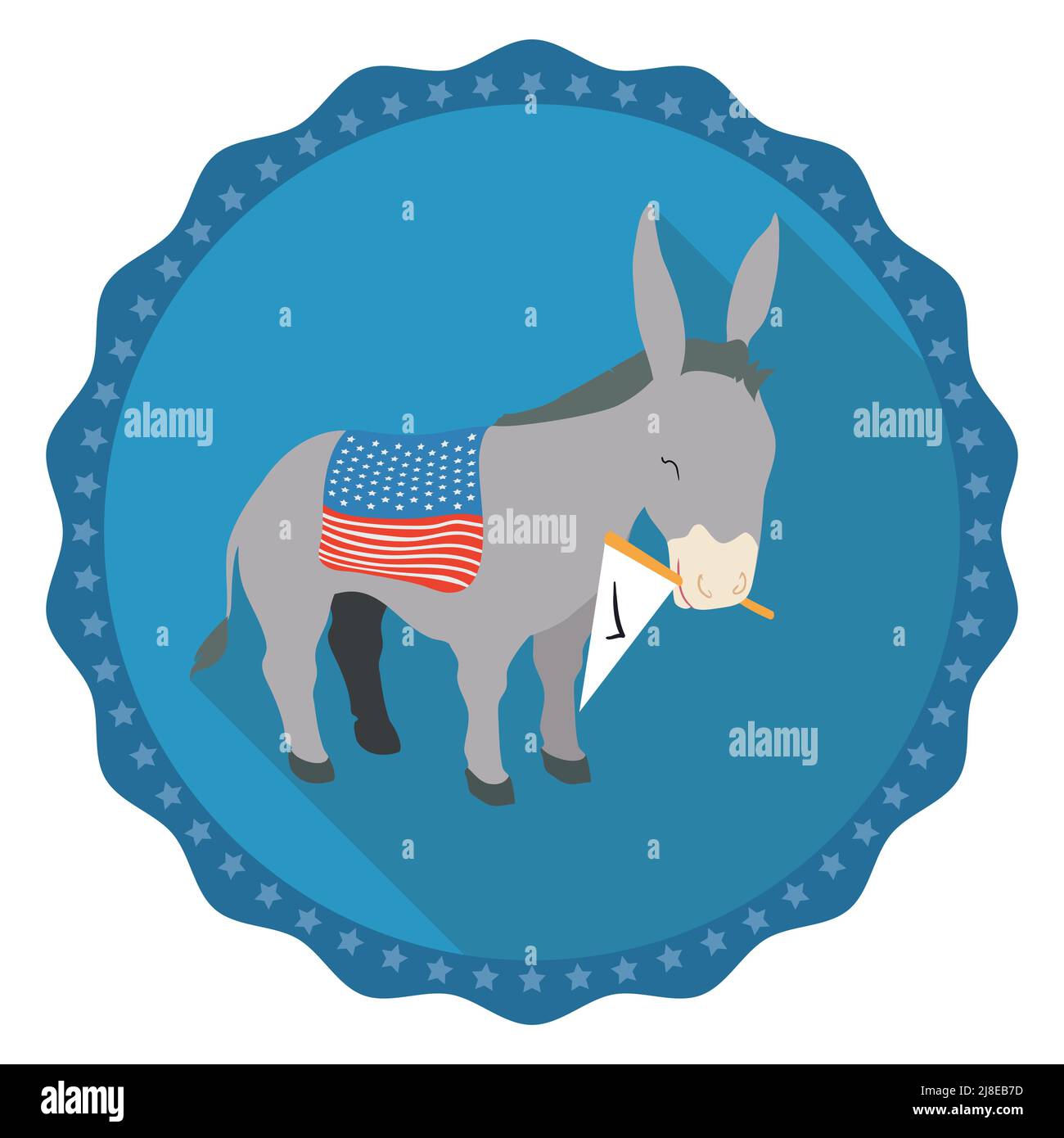 Blue round button with gray donkey inside of it, holding a pennant with ...