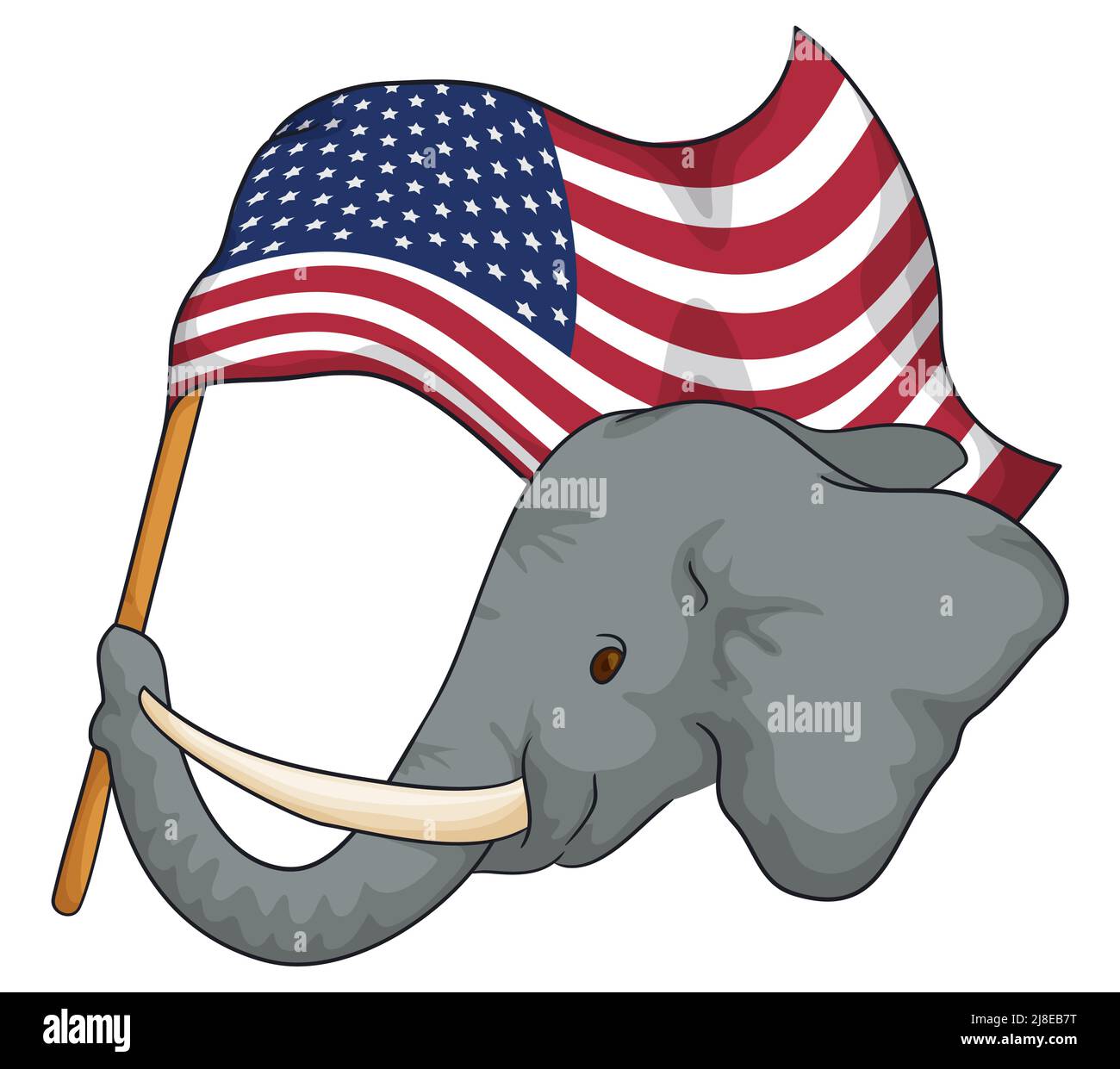 Patriotic gray elephant face holding with its trunk a waving American ...