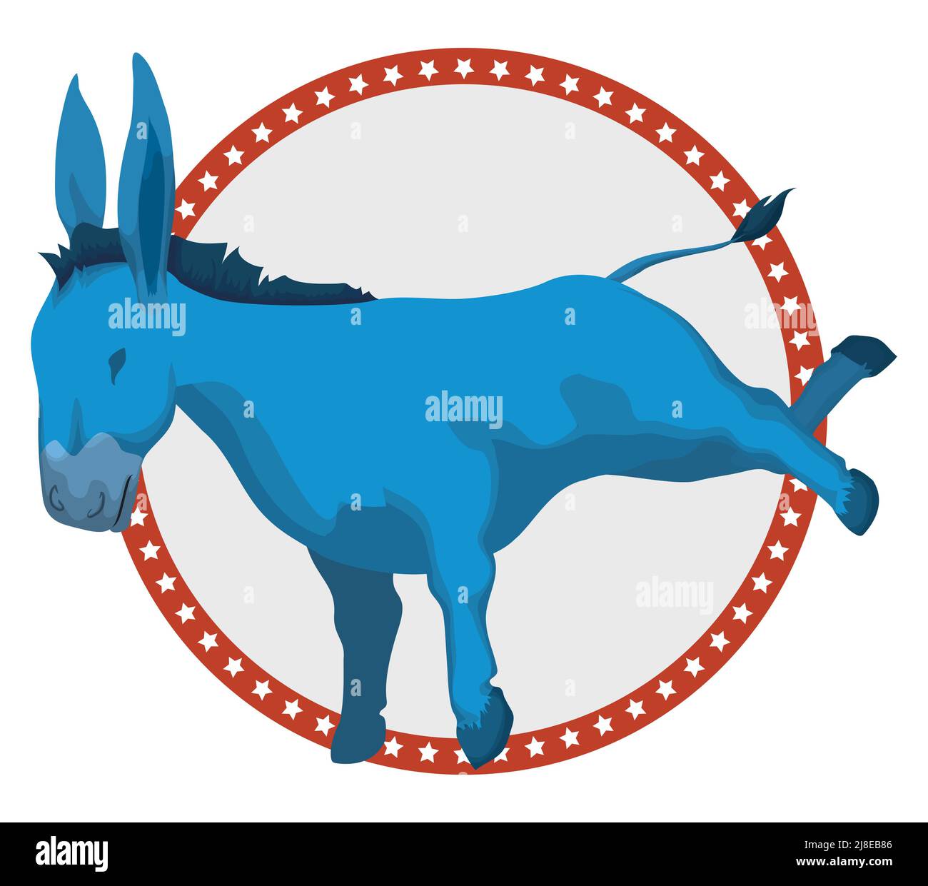 Blue donkey kicking, inside a red round button decorated with starry ...