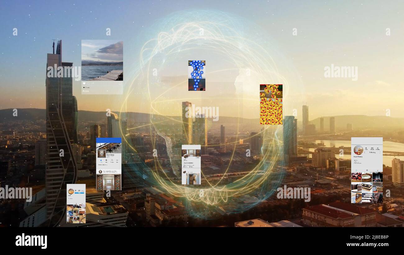 Futuristic city connected to social media. High tech vision of London ...