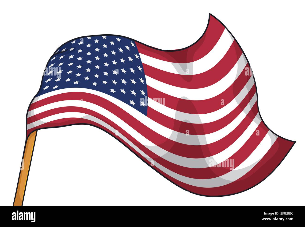 View of flagpole with patriotic and waving U.S.A. flag. Design in ...