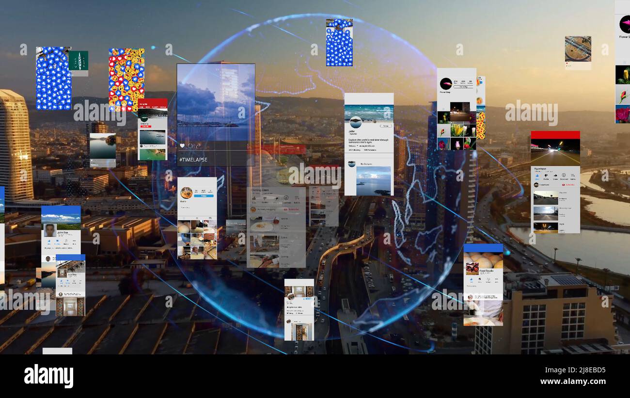 Futuristic city connected to social media. High tech vision of London ...