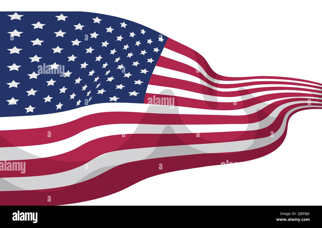 Horizontal view of long U.S.A. flag in cartoon style, waving over white ...