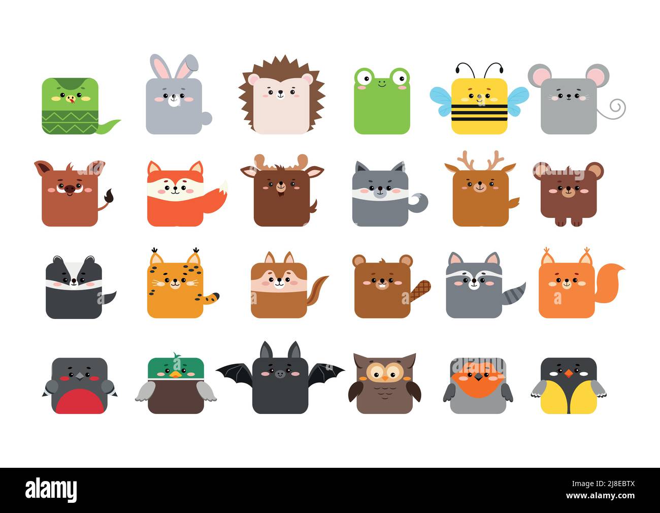 Square forest animal faces icon set isolated on white background Stock ...