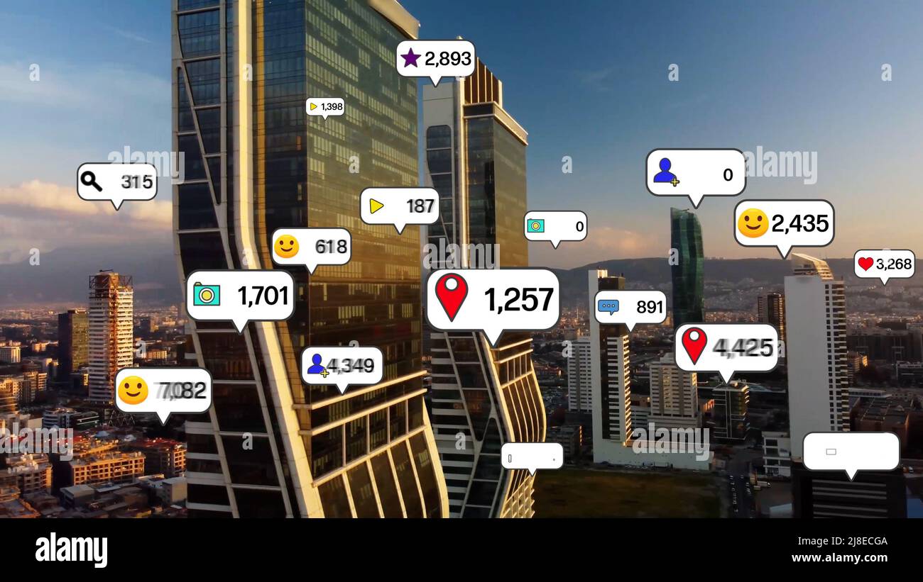 Social media icons fly over city downtown showing people engagement ...