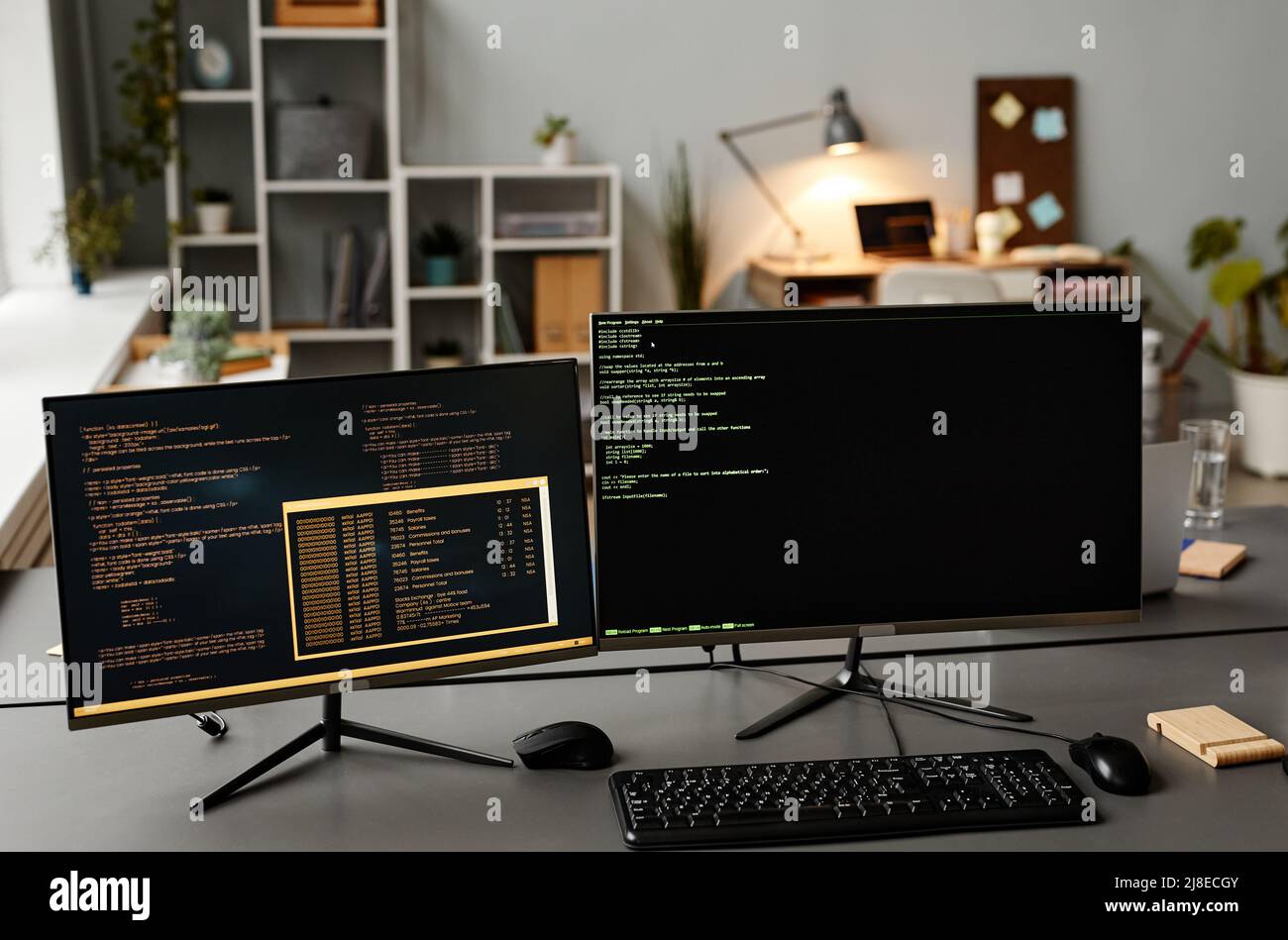 Background Image Of Two Computers At Workplace With Code Lines On 6942