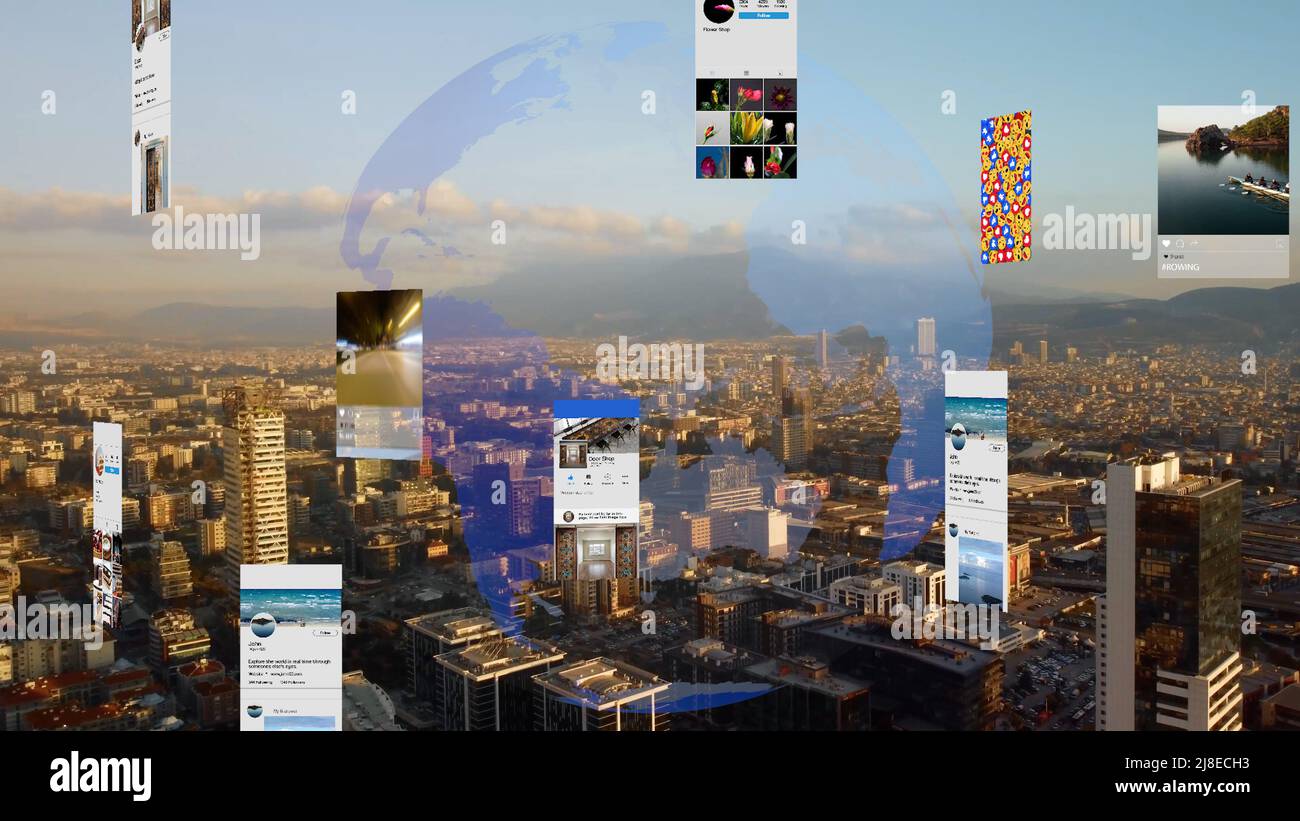 Futuristic city connected to social media. High tech vision of izmir ...