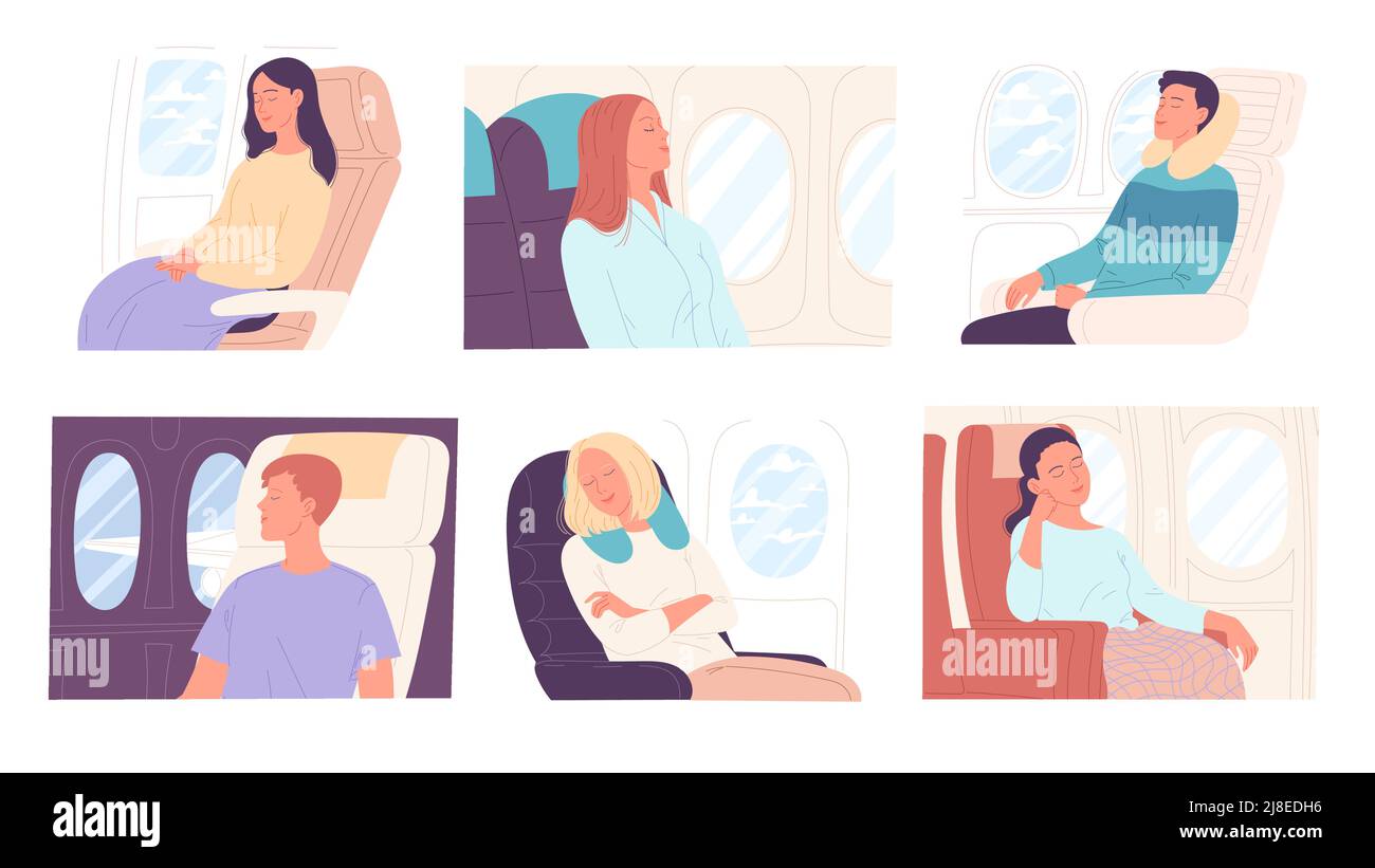 People sleeping during flight in aircraft. Vector illustration Stock ...