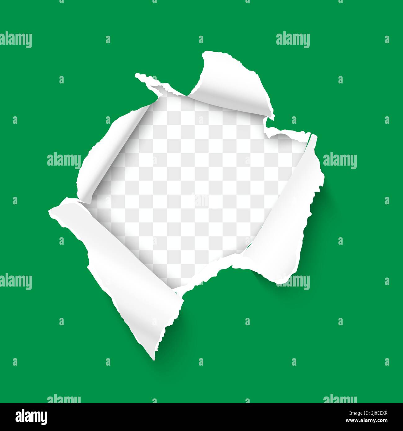 Hole in green paper with torn edges and a transparent background inside ...