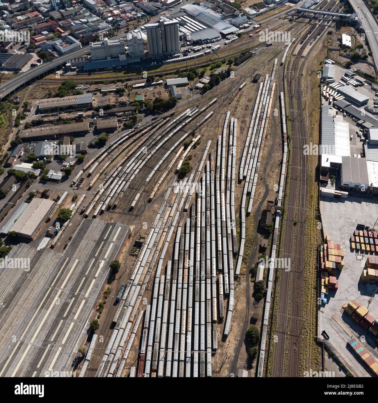 Cape Town, South Africa. 2022. Aerial view of trains and the railway ...