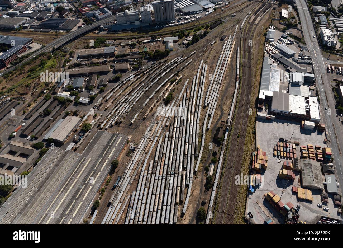 Cape Town, South Africa. 2022. Aerial view of trains and the railway ...