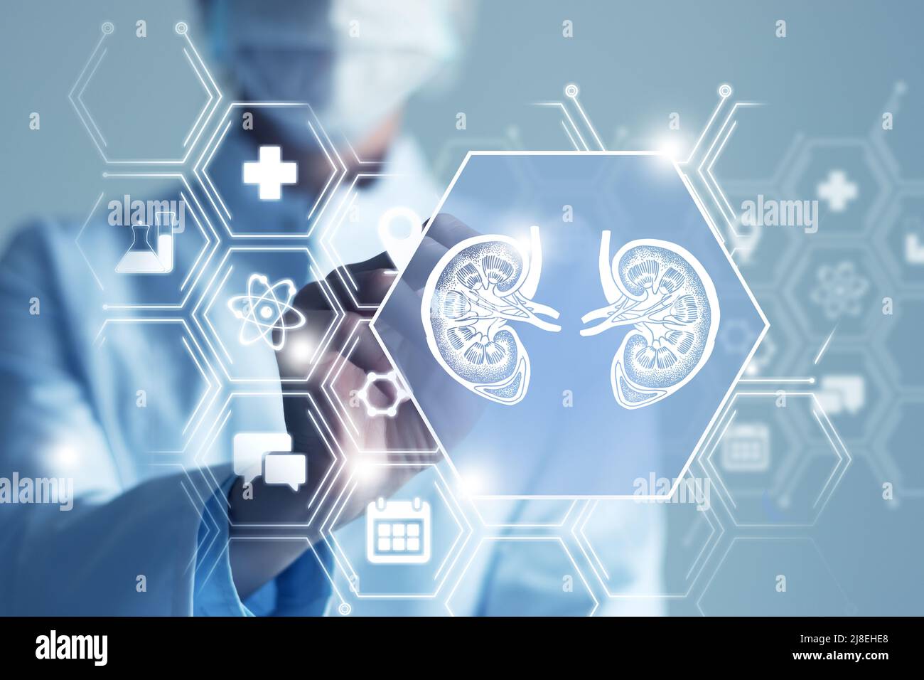 Telemedicine and human Kidneys recovery concept. Blue color palette ...