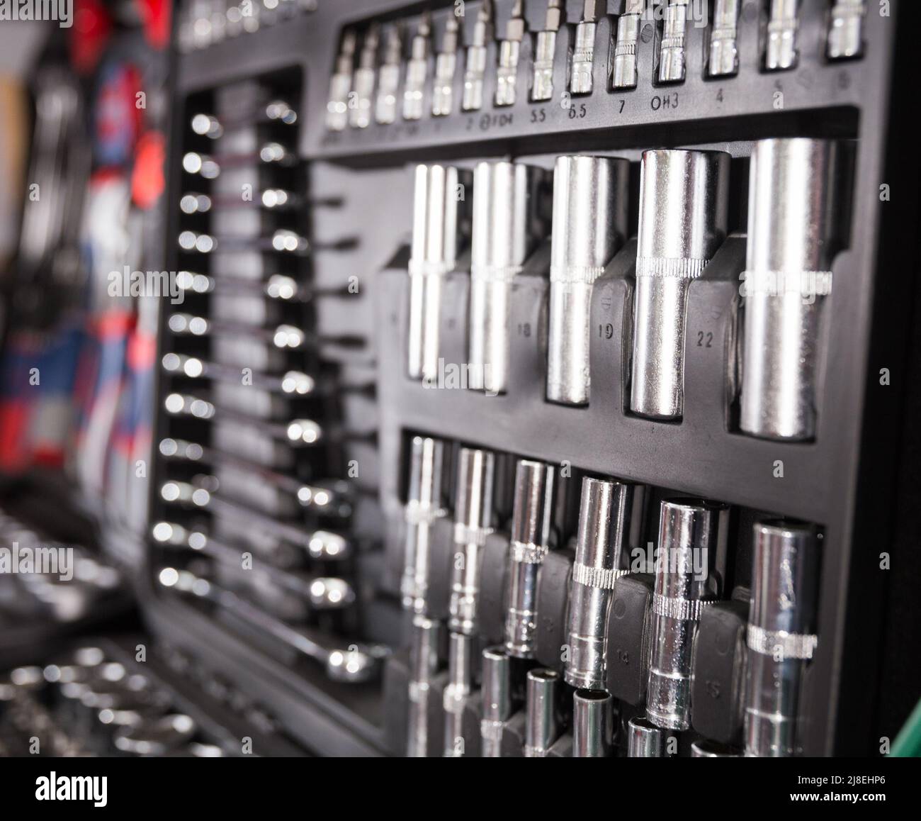 Closeup toolkit set of manual tools in box Stock Photo - Alamy