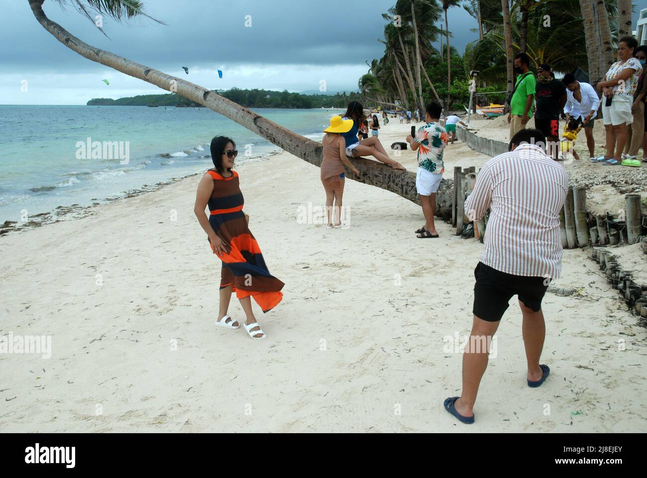 Tourists posing for photographs on palm tree, Bulabog Beach, Boracay ...