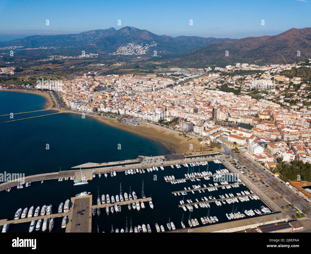 Aerial view of yachts in Roses harbor, Costa Brava, Spain Stock Photo ...