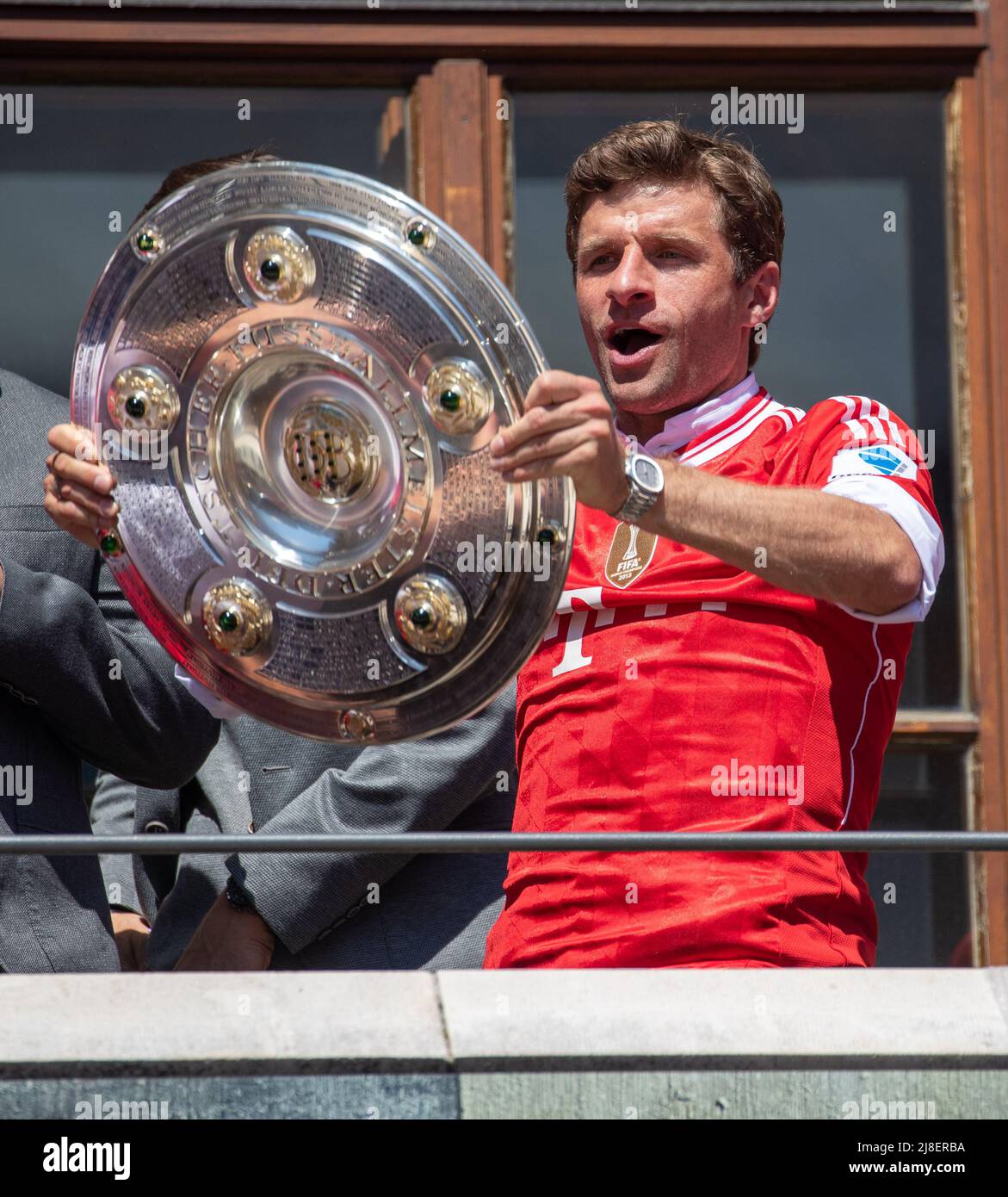 Thomas Mueller at the celebrations of the FC Bayern Munich on May 15 ...