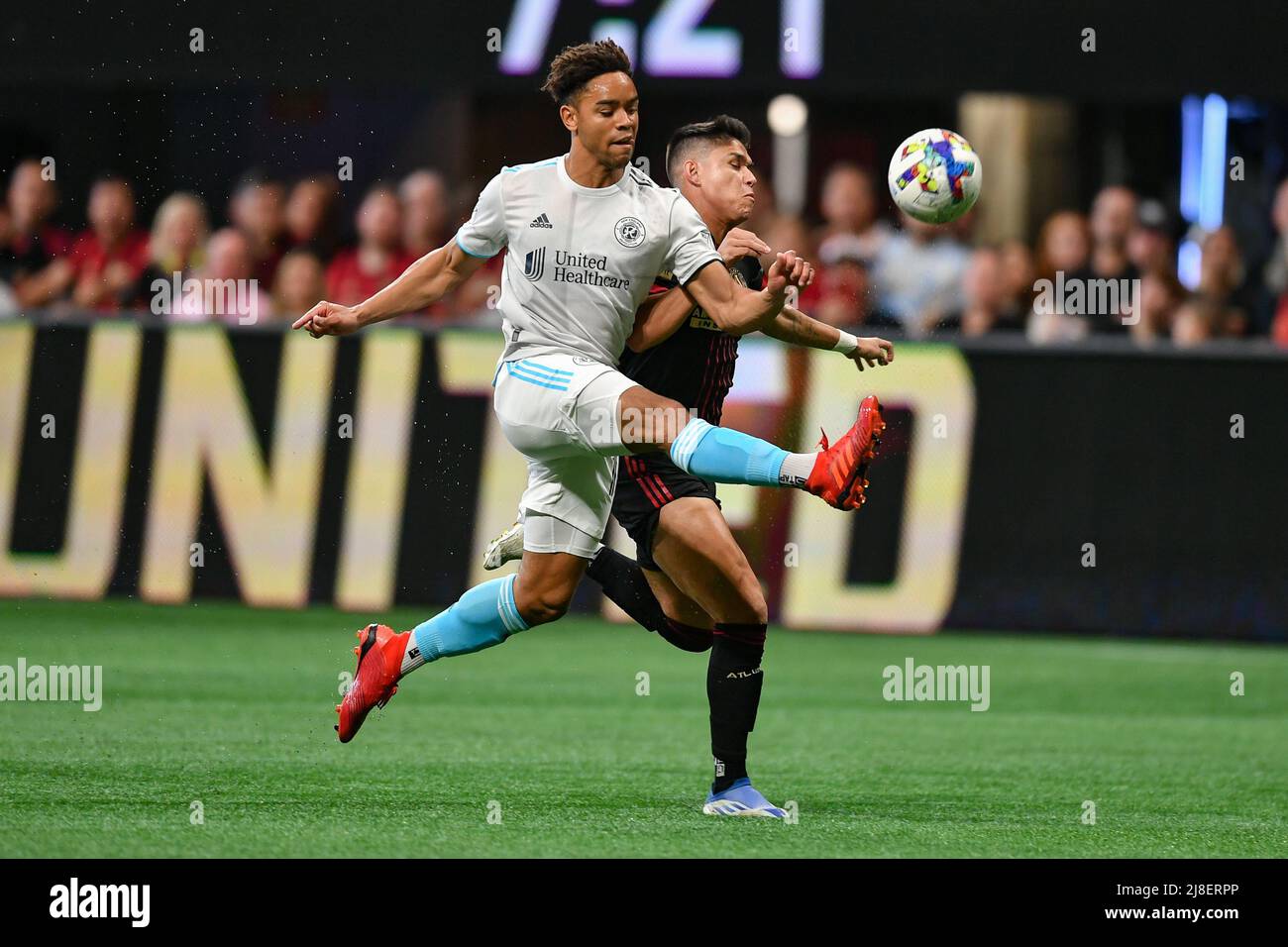 ATLANTA, GA Ã MAY 15: New England midfielder Brandon Bye (15) defends ...