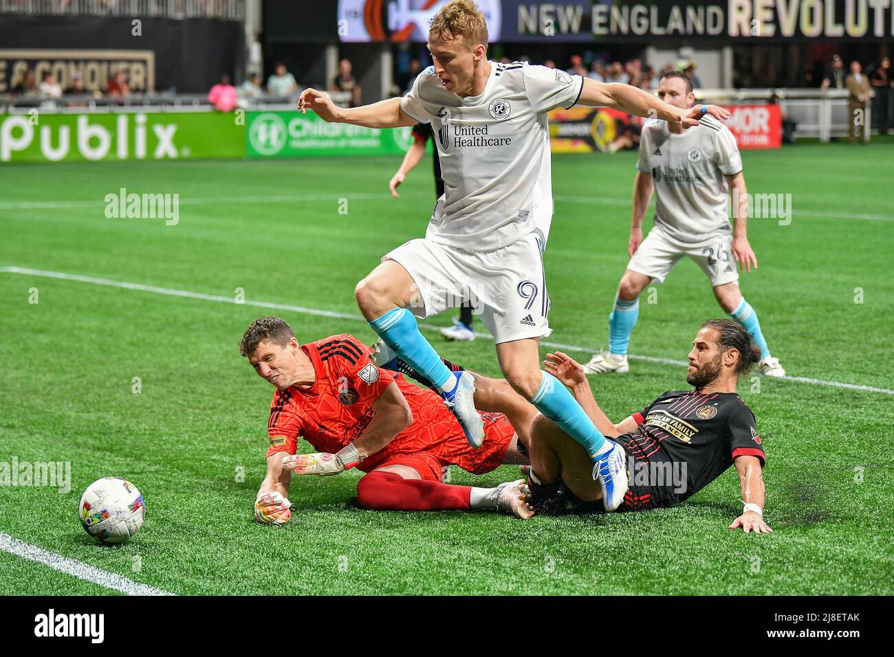 ATLANTA, GA Ã MAY 15: New England forward Adam Buksa (9) attempts a ...