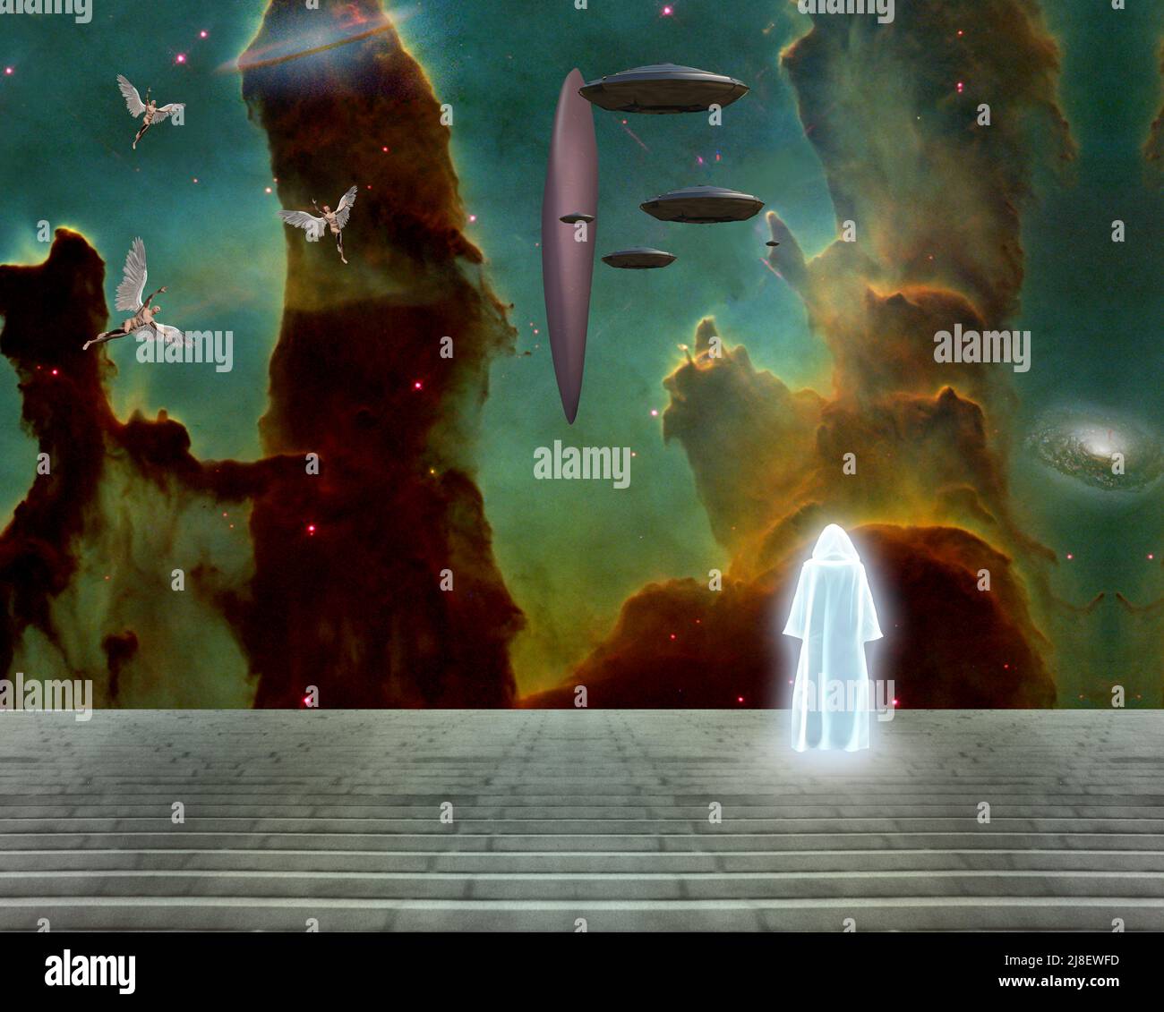 White spirit, angels and UFO. 3D rendering Stock Photo - Alamy