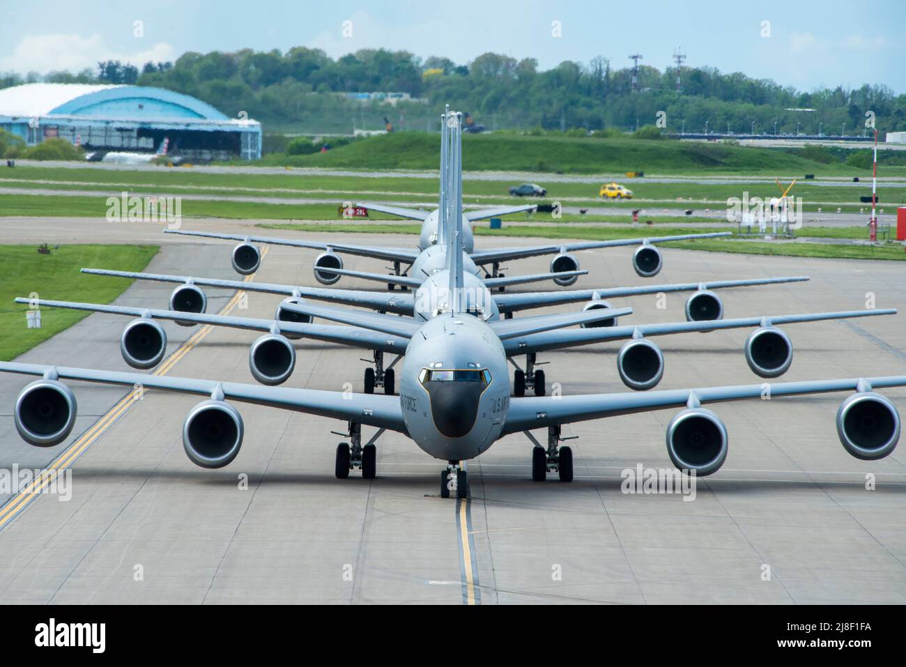 KC-135 Stratotanker aircraft taxi down a runway as part of a Nuclear ...