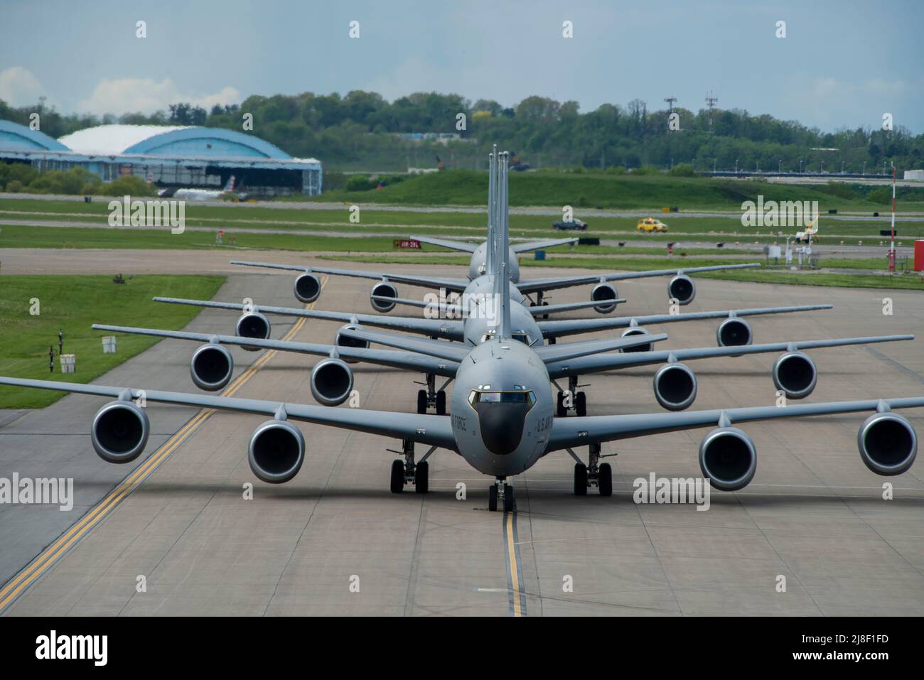 KC-135 Stratotanker aircraft taxi down a runway as part of a Nuclear ...