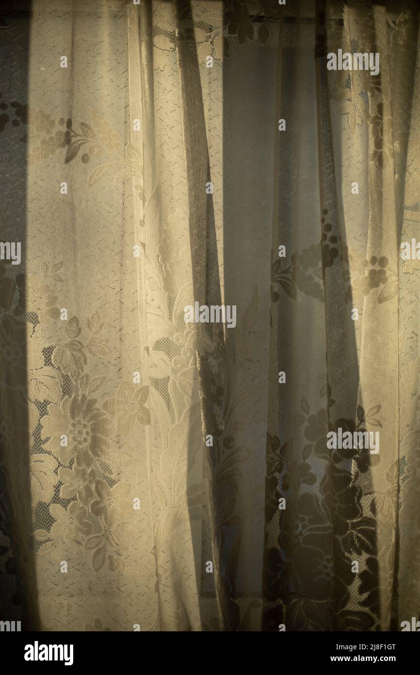 Curtains on window. Light through fabric. Morning sun in window of room ...