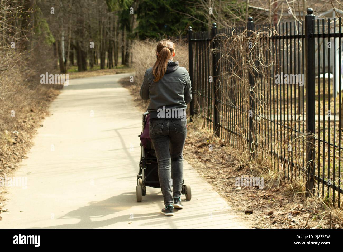Woman walks with stroller for child in park. Woman in town. Walk with ...