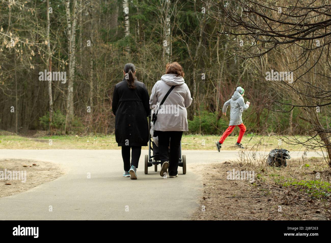 Woman walks with stroller for child in park. Woman in town. Walk with ...