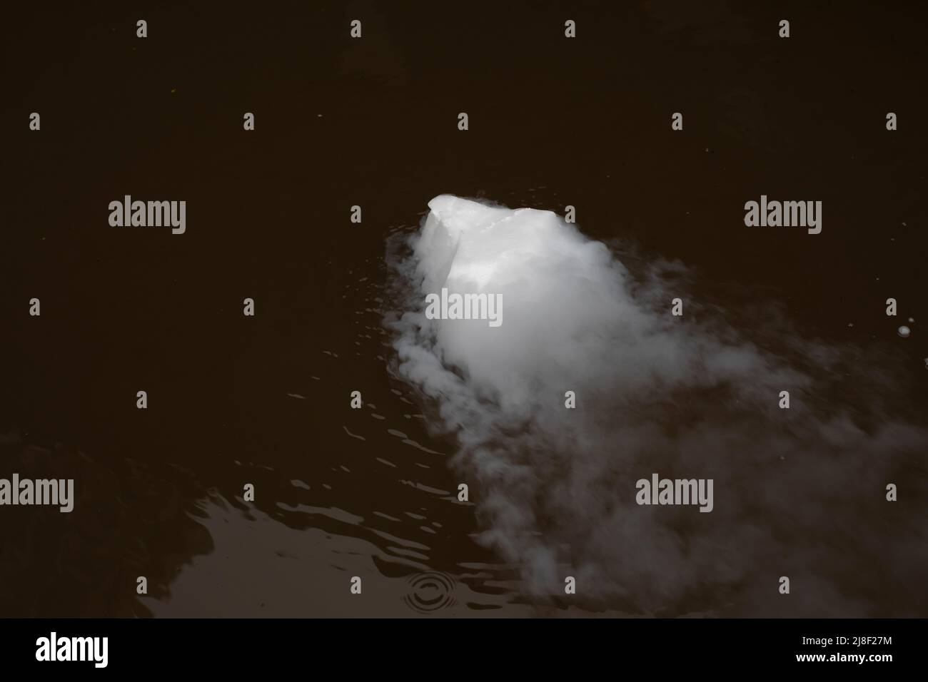 Dry ice evaporates in water. Smoke from chemical reaction. White ...